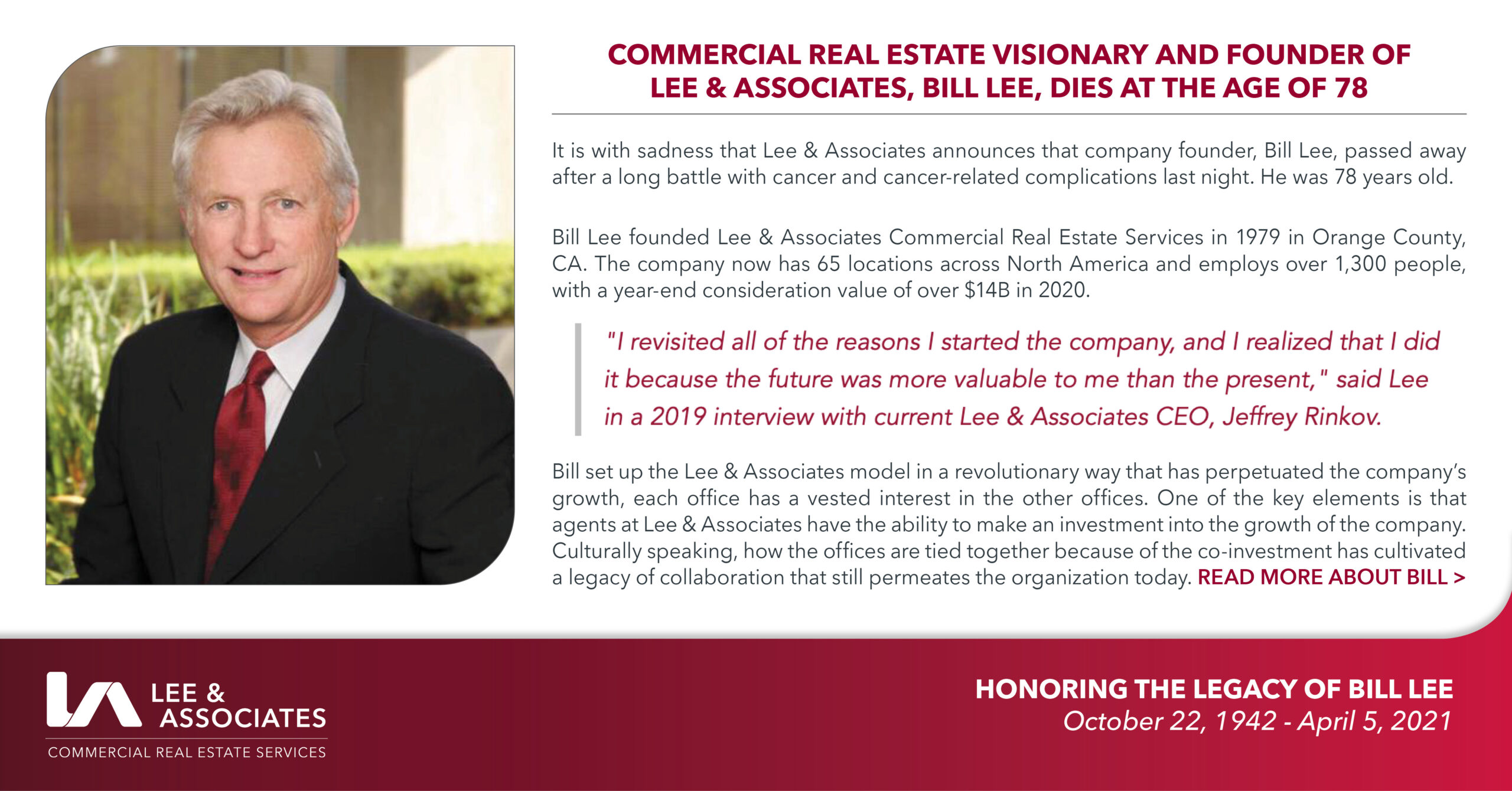 CRE Visionary & Founder of Lee & Associates, Bill Lee, Passed Away